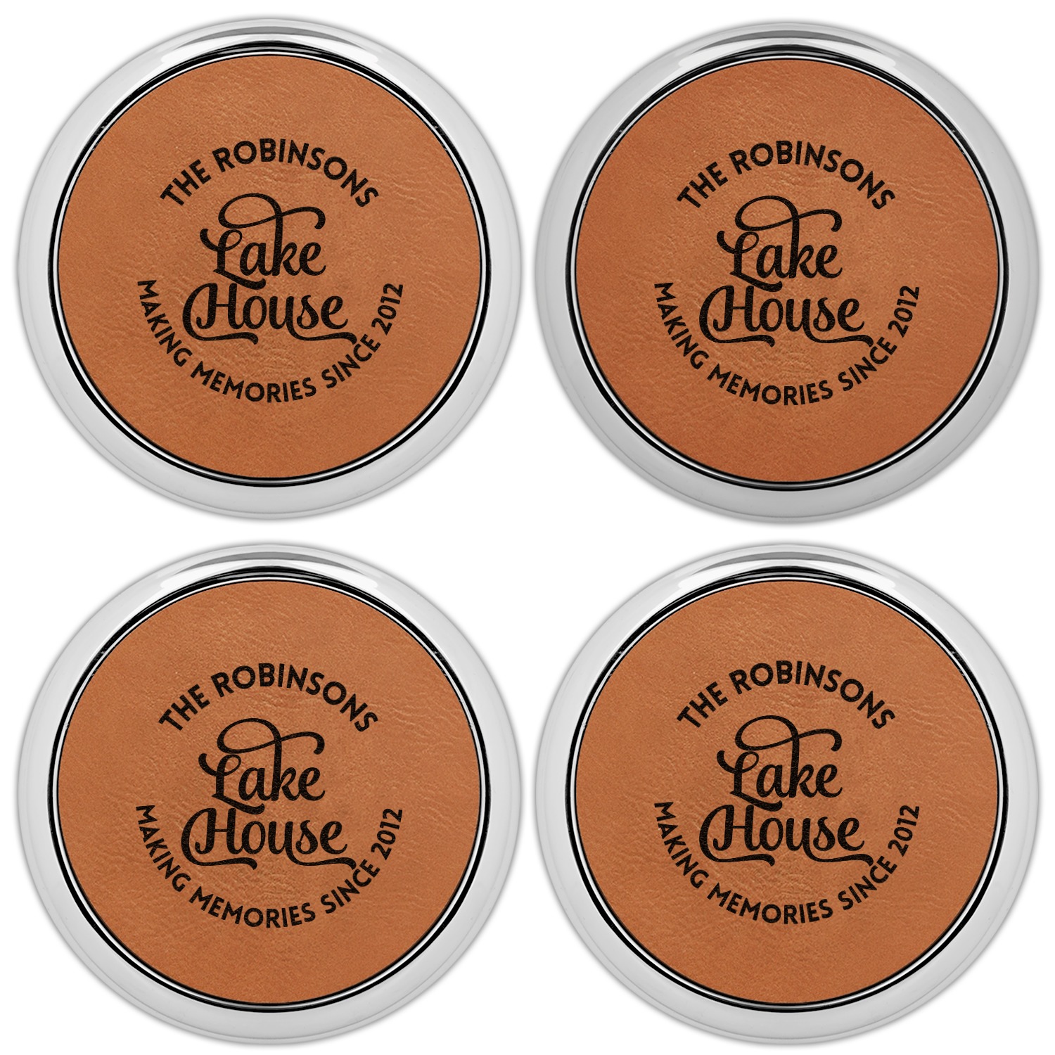 Custom Lake House #2 Leatherette Round Coaster w/ Silver Edge - Single ...