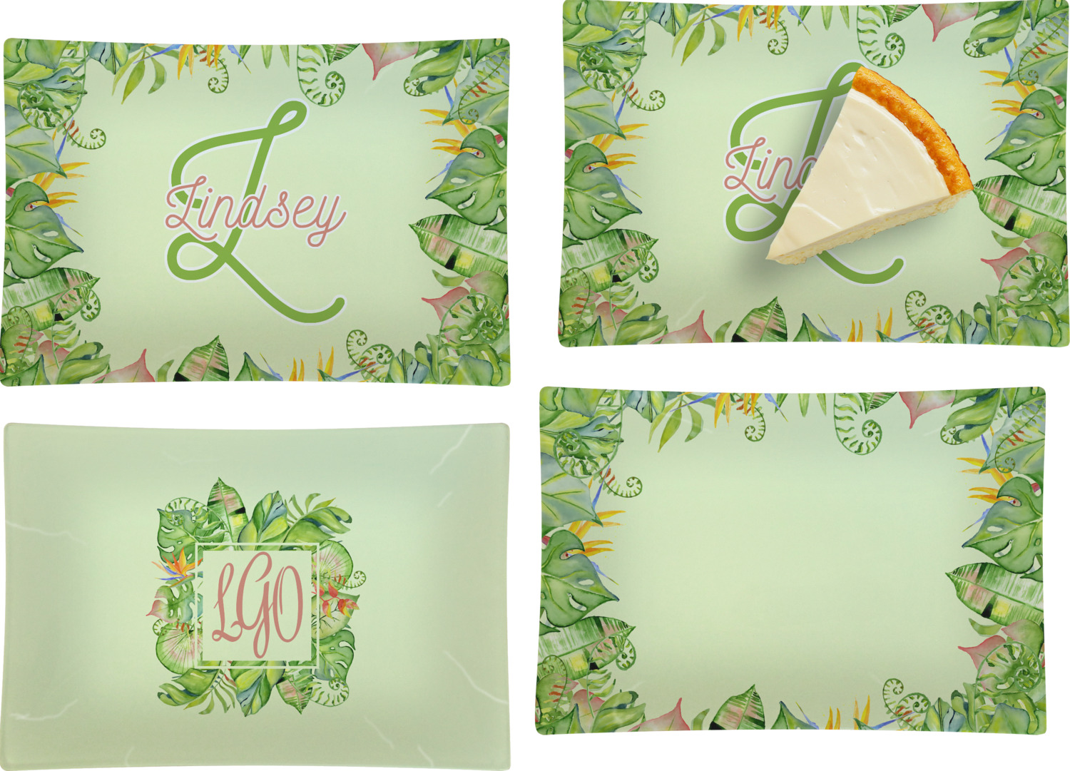 Tropical Leaves Border Set of 4 Glass Rectangular Appetizer / Dessert ...