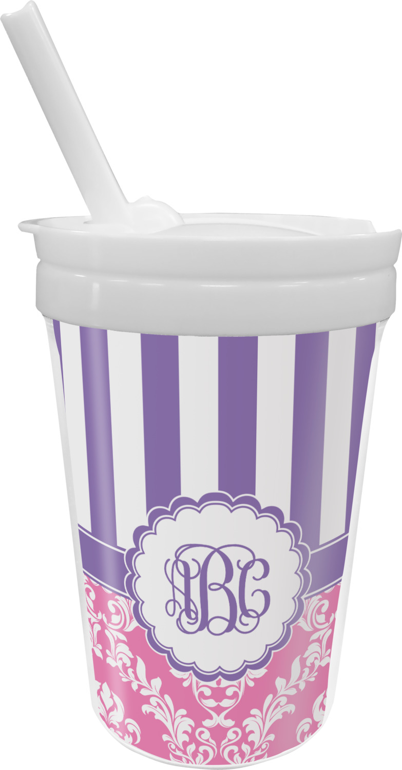 Pink & Purple Damask Sippy Cup with Straw (Personalized) - YouCustomizeIt