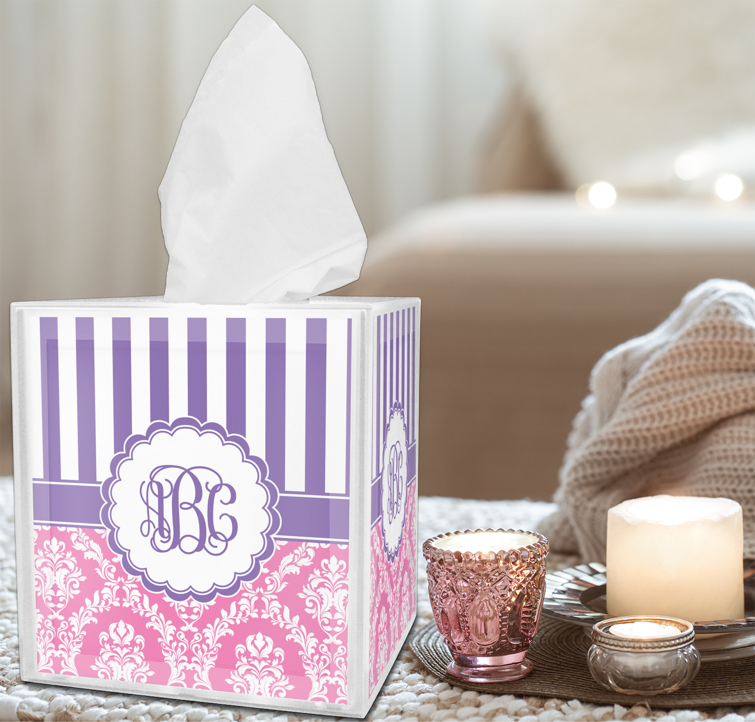 Pink & Purple Damask Tissue Box Cover (Personalized) - YouCustomizeIt