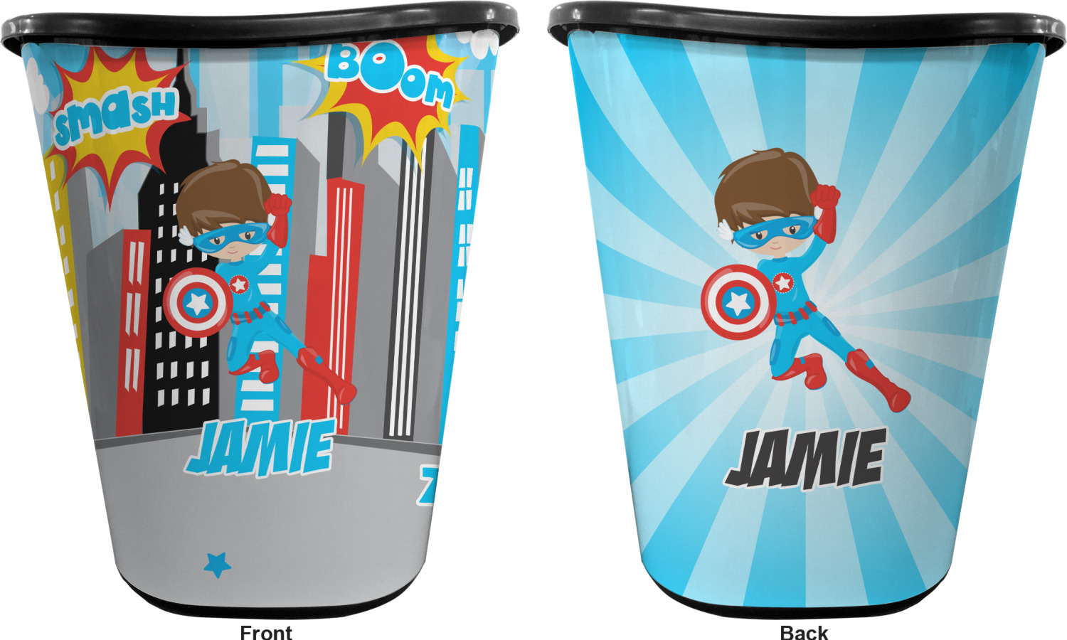 Superhero in the City Waste Basket - Double Sided (Black) (Personalized ...