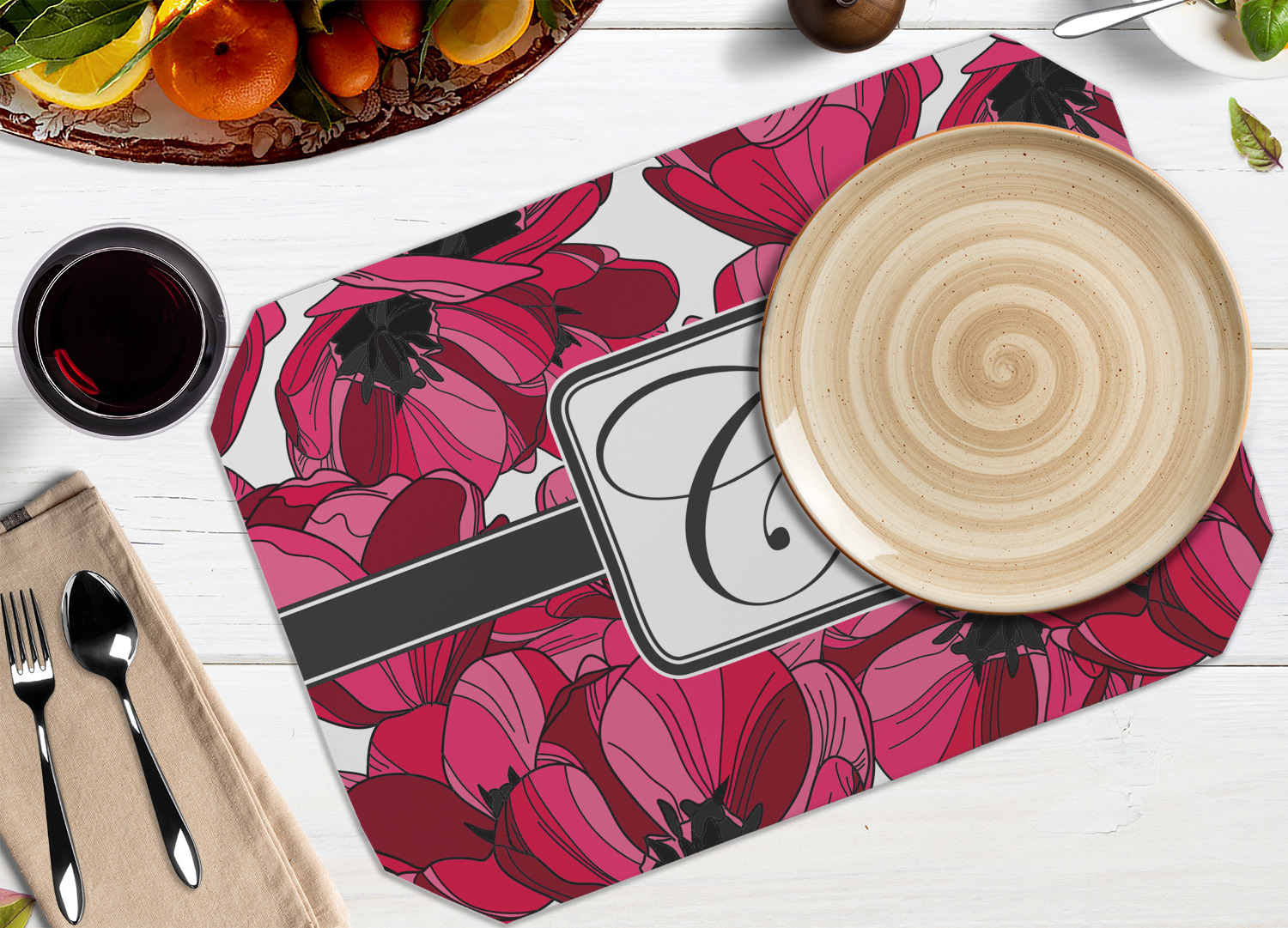 Custom Tulips Dining Table Mat - Octagon w/ Initial | YouCustomizeIt