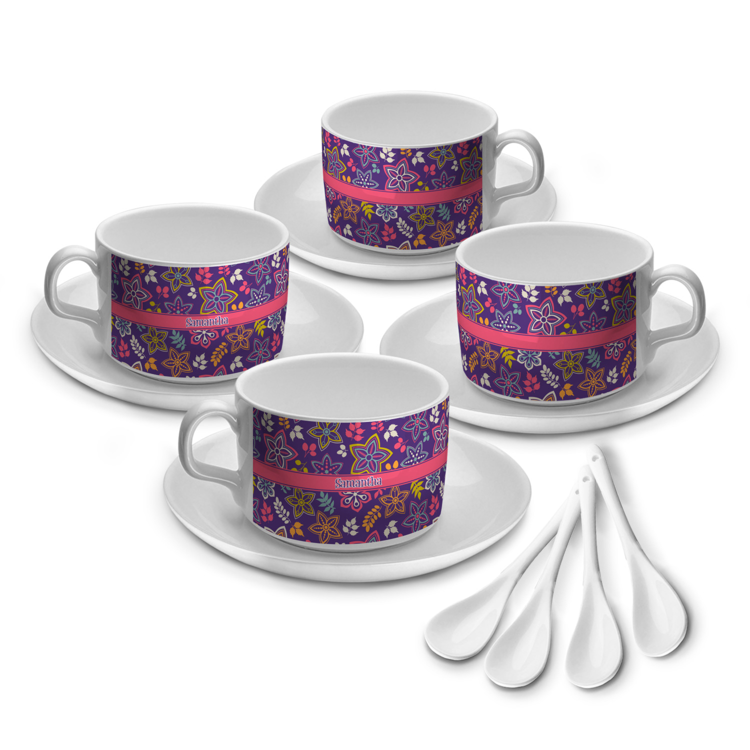Simple Floral Tea Cup - Set of 4 (Personalized) - YouCustomizeIt