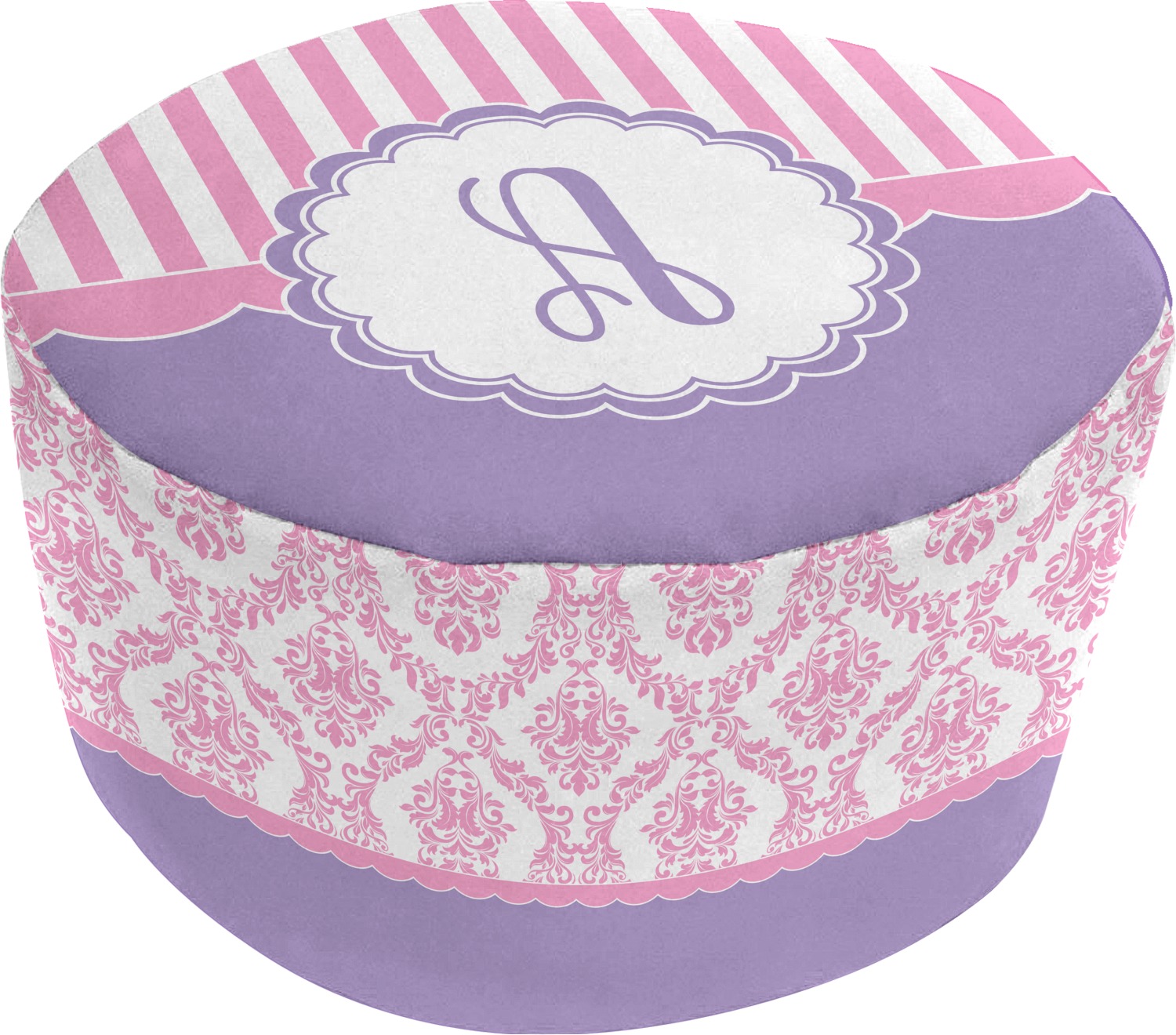Custom Pink, White & Purple Damask Round Pouf Ottoman (Personalized ...