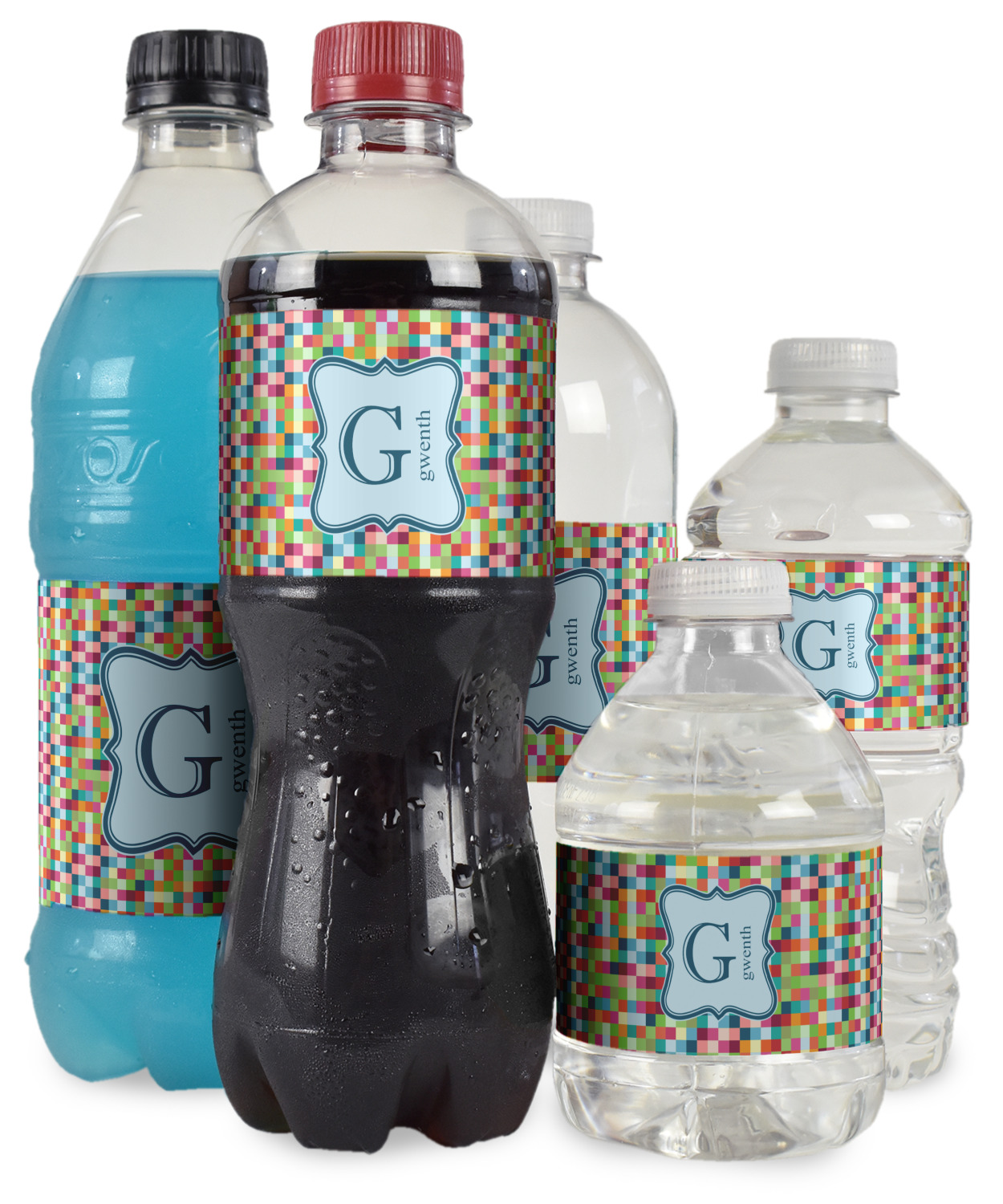 Retro Pixel Squares Water Bottle Labels - Custom Sized (Personalized ...