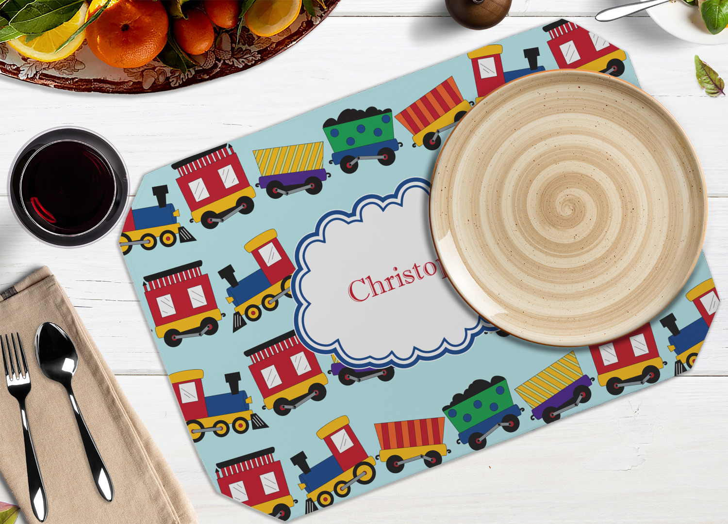 Custom Trains Dining Table Mat - Octagon w/ Name or Text | YouCustomizeIt