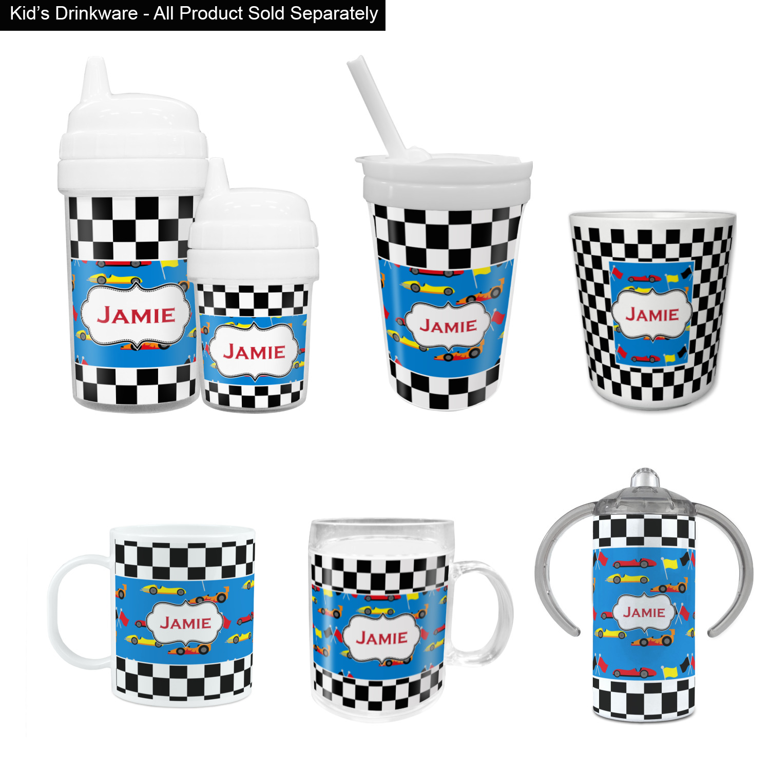 Checkers & Racecars Sippy Cup with Straw (Personalized) - YouCustomizeIt