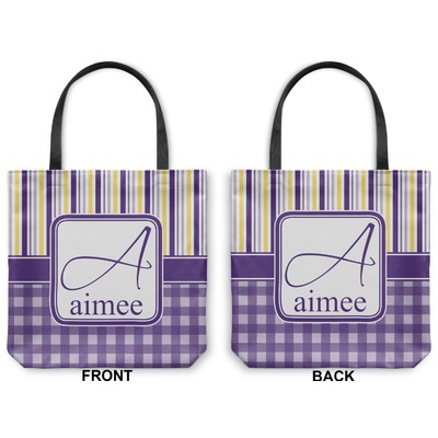 Custom Purple Gingham & Stripe Canvas Tote Bag (Personalized ...