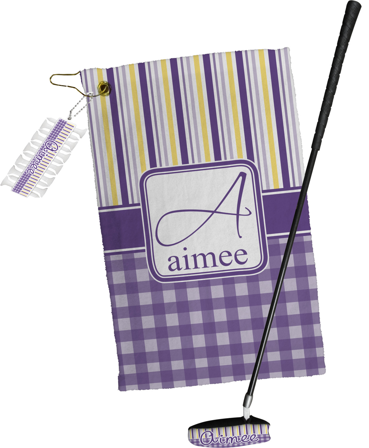 Custom Purple Gingham & Stripe Golf Towel Gift Set (Personalized ...