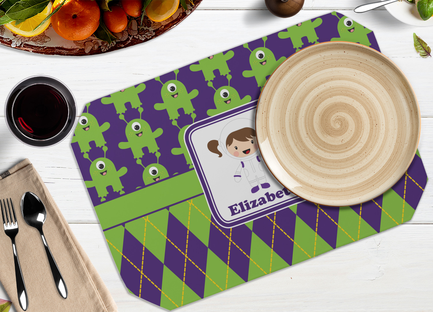 Custom Astronaut, Aliens & Argyle Dining Table Mat - Octagon w/ Name or ...