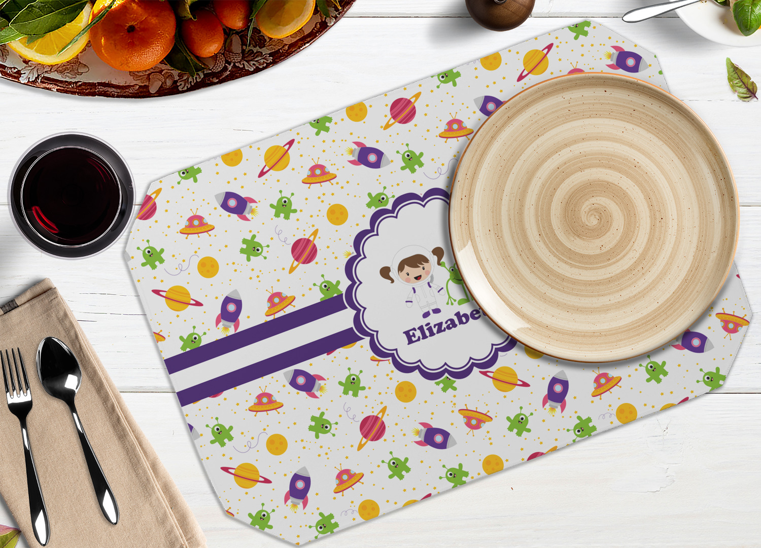 Custom Girls Space Themed Dining Table Mat - Octagon w/ Name or Text ...