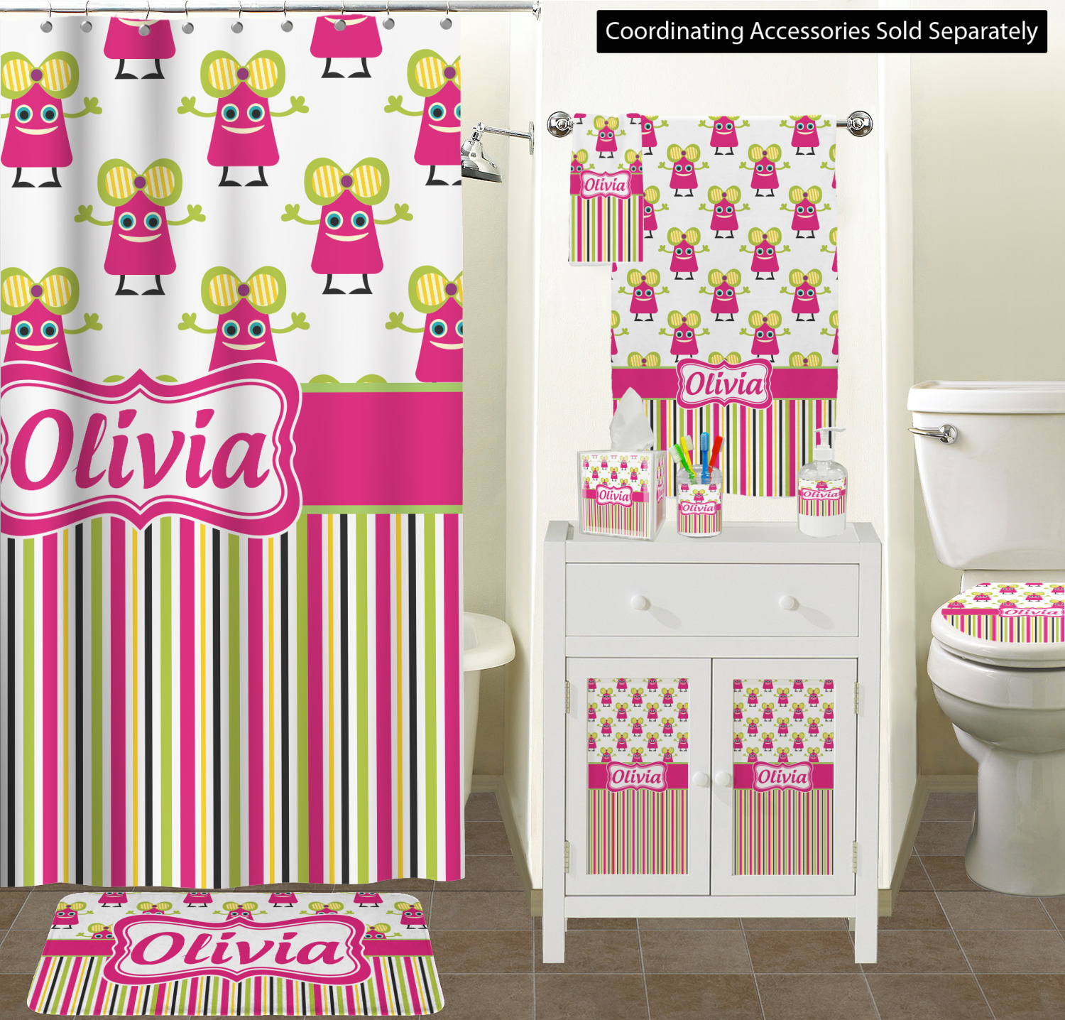 Pink Monsters & Stripes Shower Curtain - Custom Size (Personalized ...