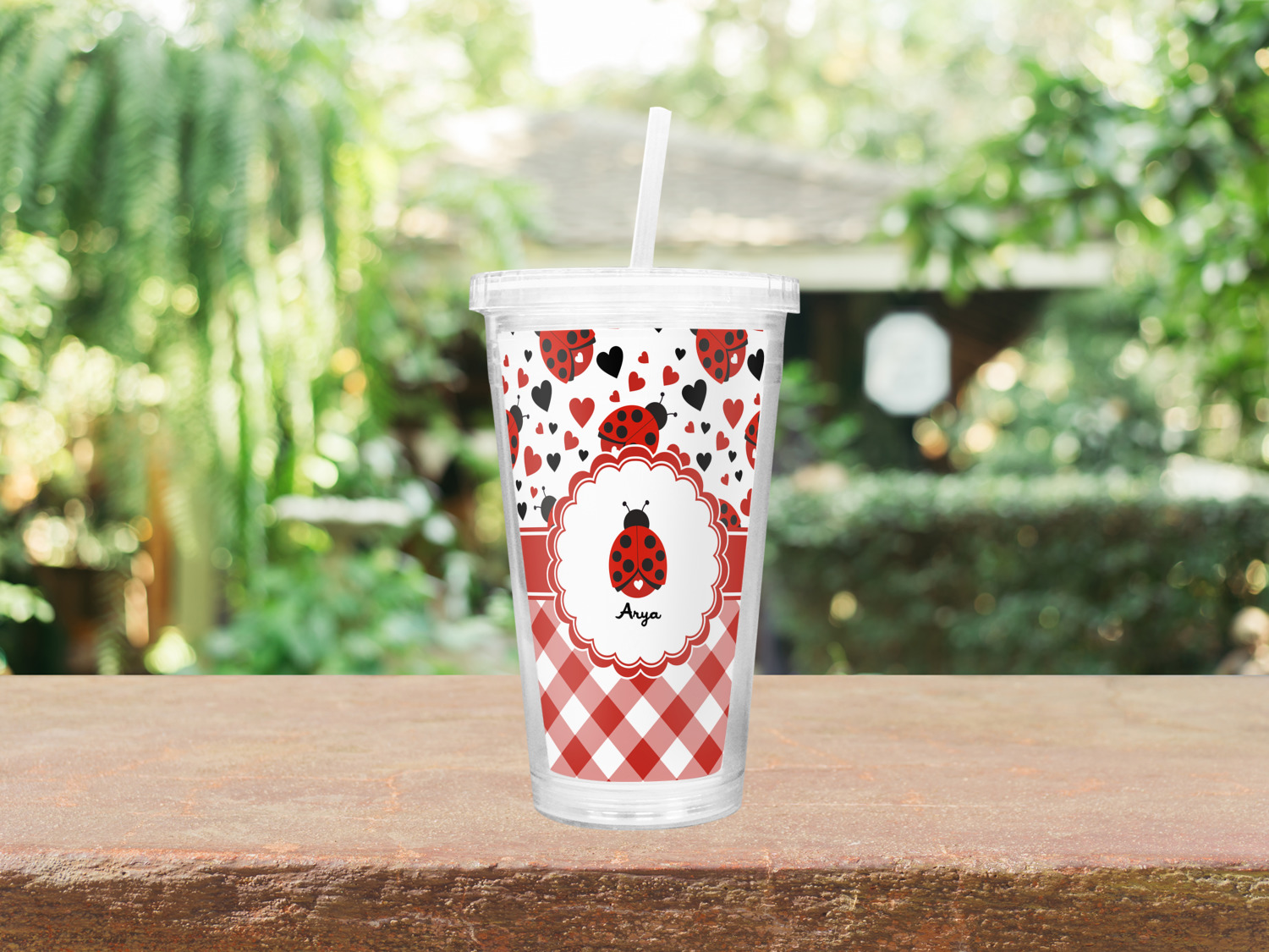 Ladybugs & Gingham Double Wall Tumbler with Straw (Personalized ...
