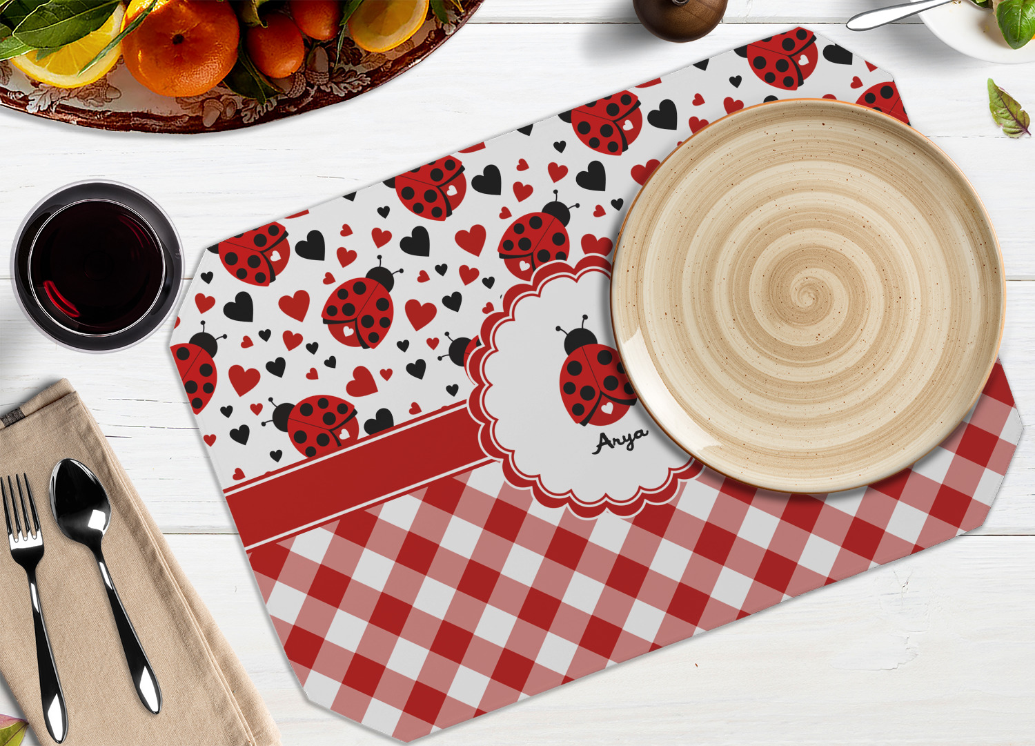 Custom Ladybugs & Gingham Dining Table Mat - Octagon w/ Name or Text ...