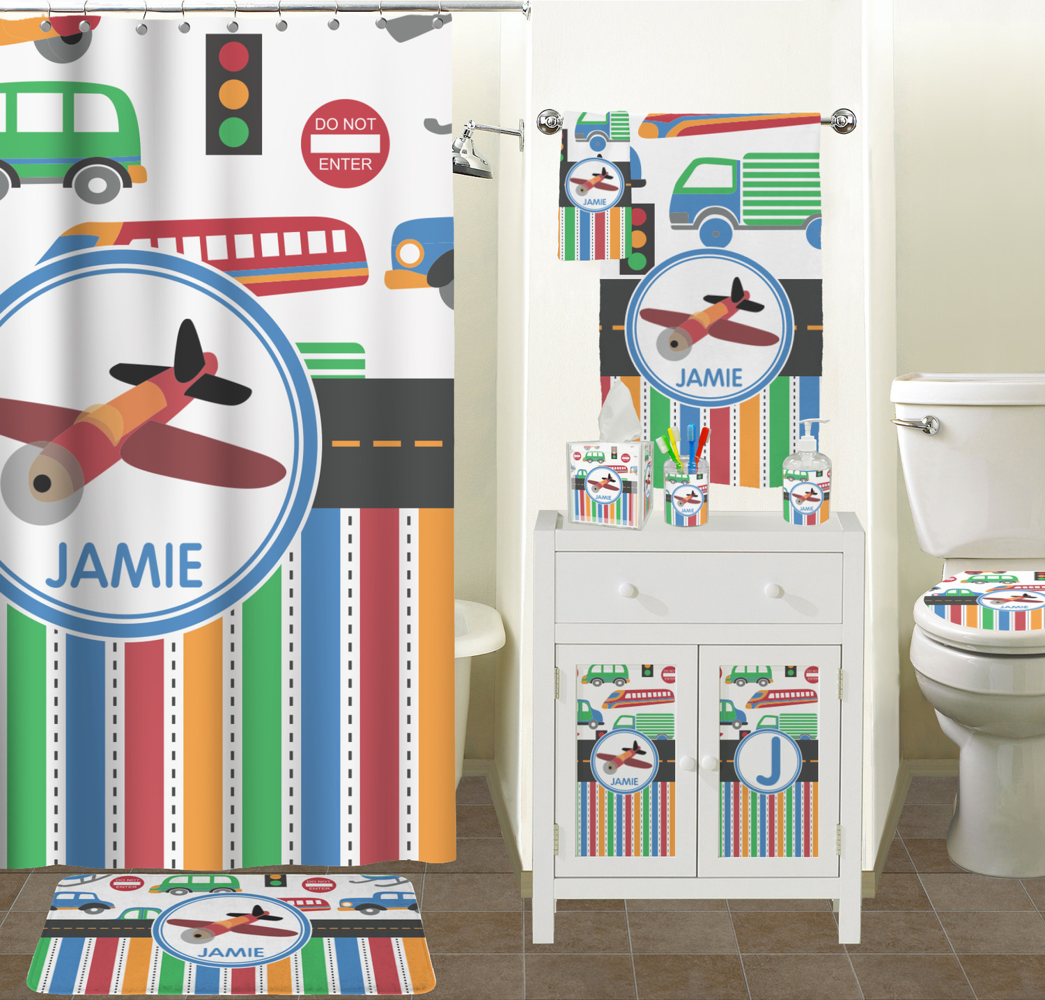 Transportation & Stripes Shower Curtain (Personalized) - YouCustomizeIt