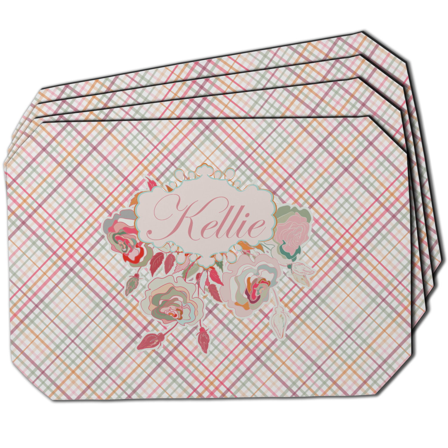 Custom Modern Plaid & Floral Dining Table Mat - Octagon w/ Name or Text ...