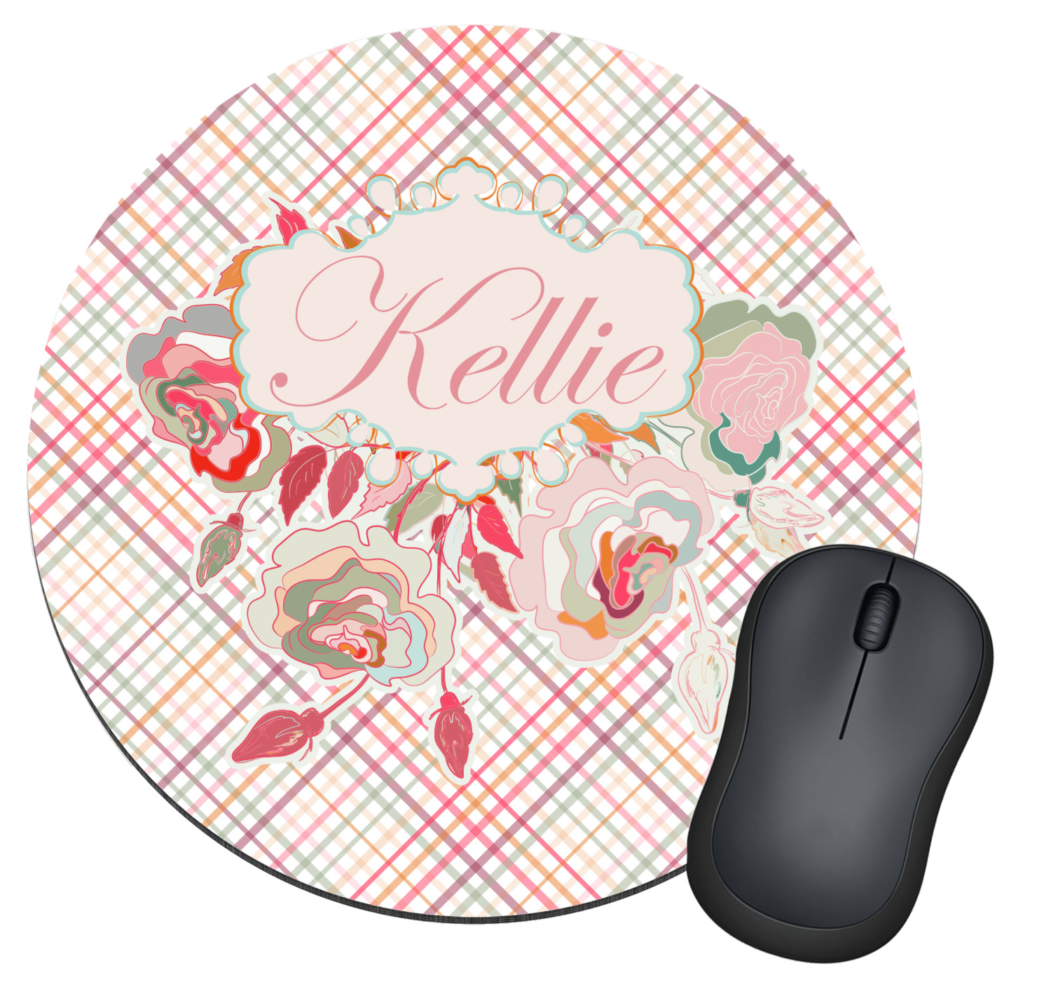 Modern Plaid & Floral Round Mouse Pad (Personalized) - YouCustomizeIt