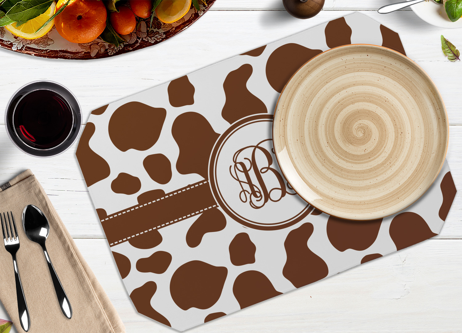 Custom Cow Print Dining Table Mat - Octagon w/ Monogram | YouCustomizeIt