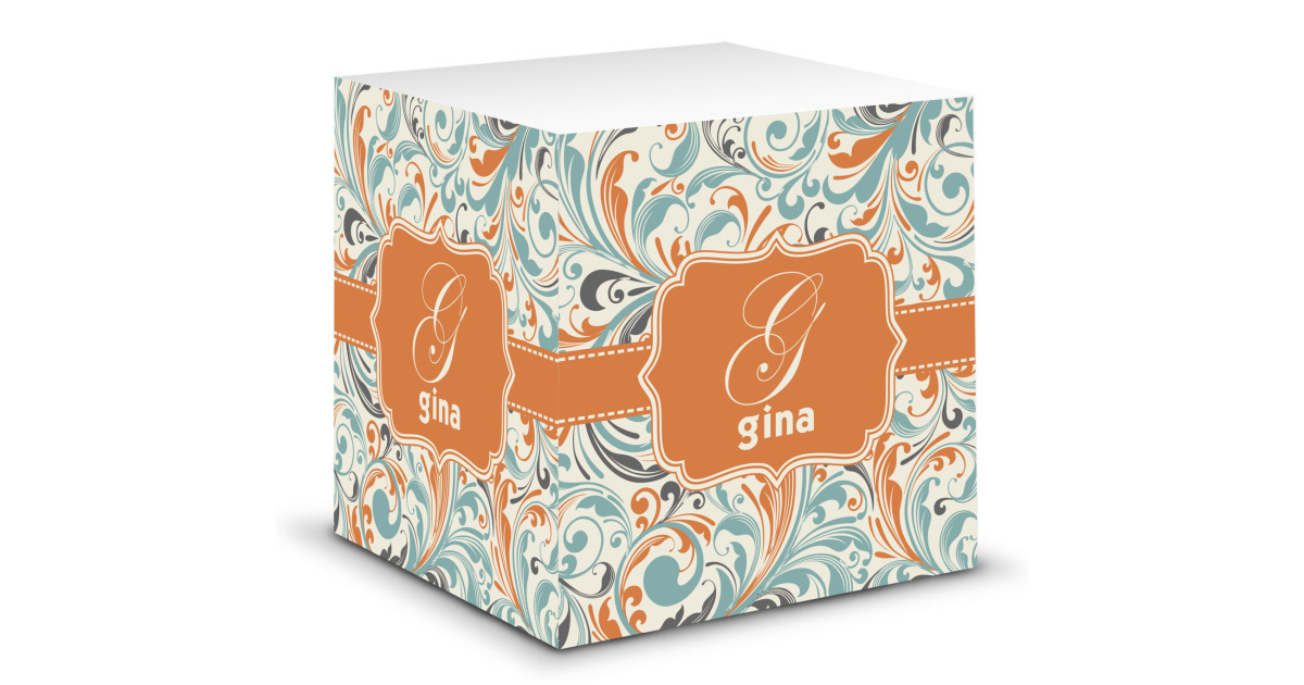 Custom Orange & Blue Leafy Swirls Sticky Note Cube (Personalized ...