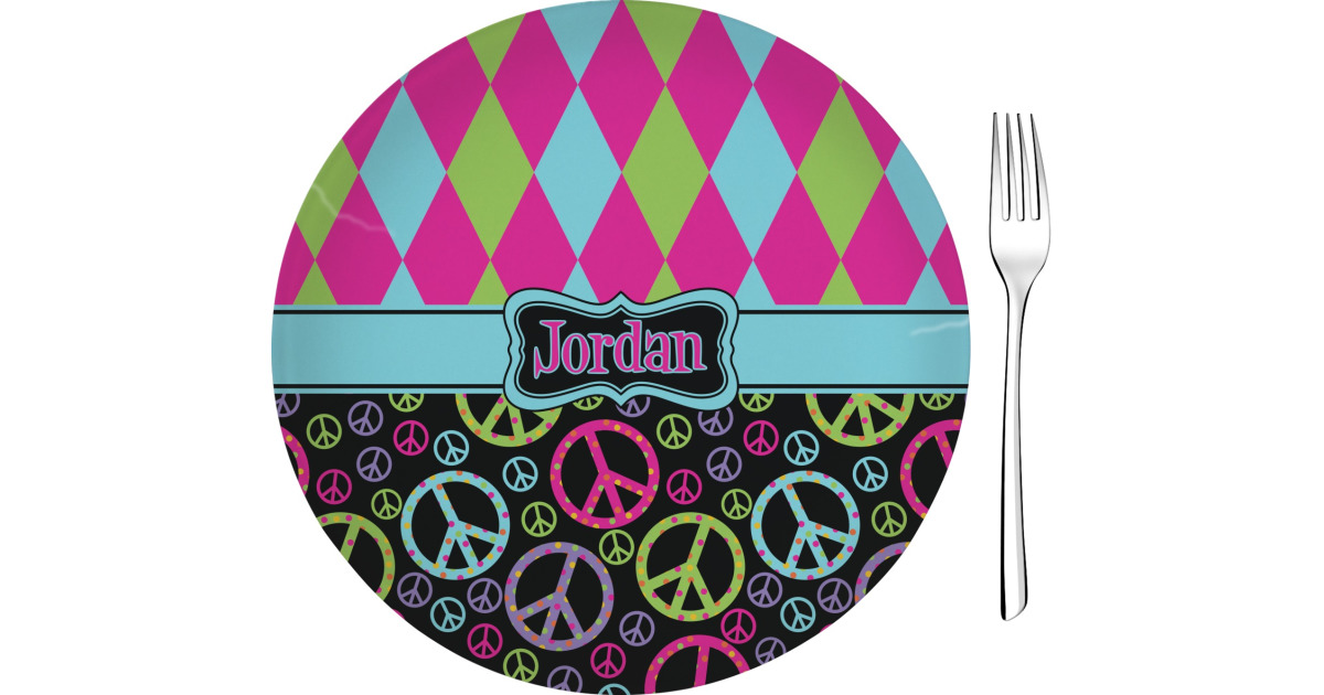 Custom Harlequin & Peace Signs 8" Glass Appetizer / Dessert Plates ...