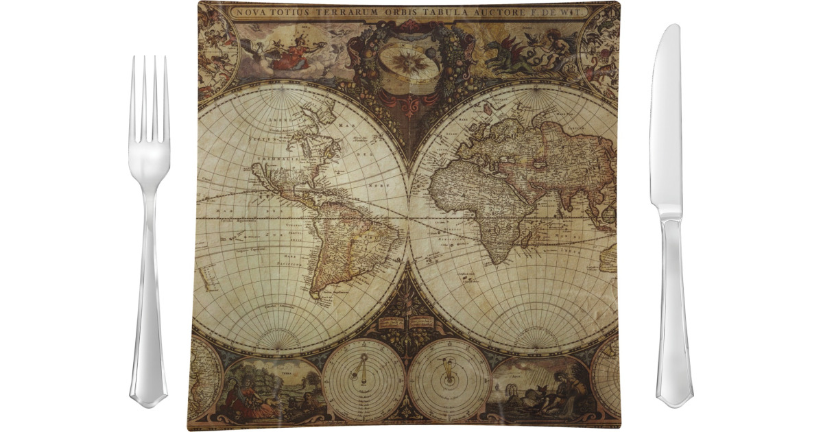 Custom Vintage World Map 9.5" Glass Square Lunch / Dinner Plate- Single ...