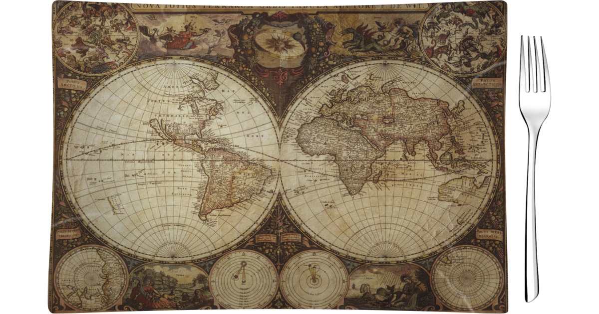 Custom Vintage World Map Rectangular Glass Appetizer / Dessert Plate ...