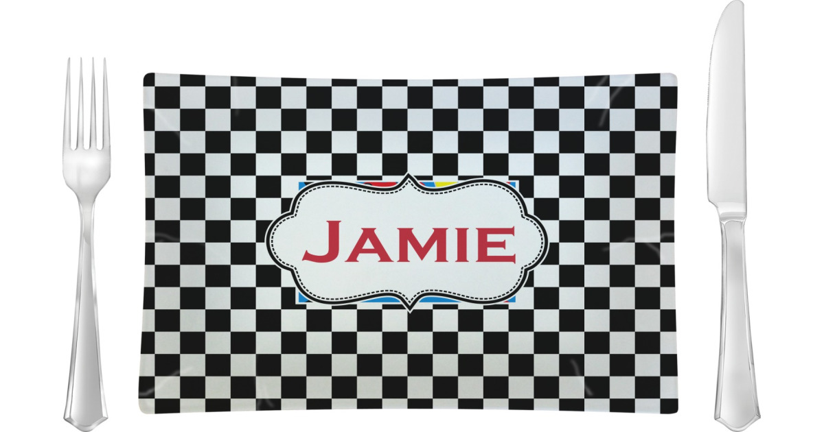 Custom Checkers & Racecars Rectangular Glass Lunch / Dinner Plate ...