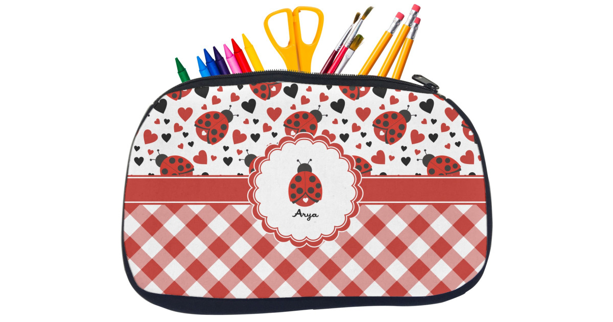 Custom Ladybugs & Gingham Neoprene Pencil Case - Medium w/ Name or Text ...