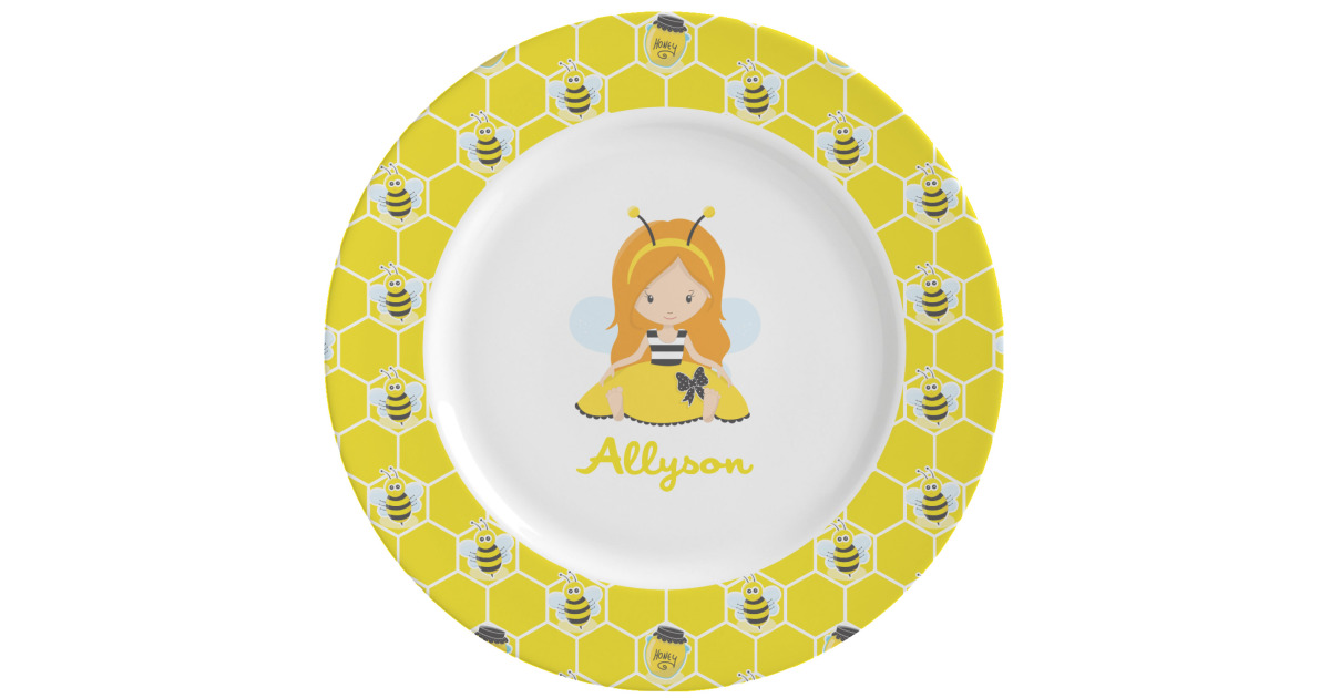 Custom Honeycomb, Bees & Polka Dots Ceramic Dinner Plates (Set of 4 ...