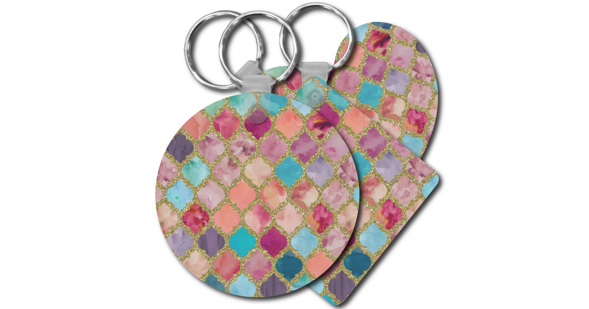 Custom Glitter Moroccan Watercolor Plastic Keychain | YouCustomizeIt