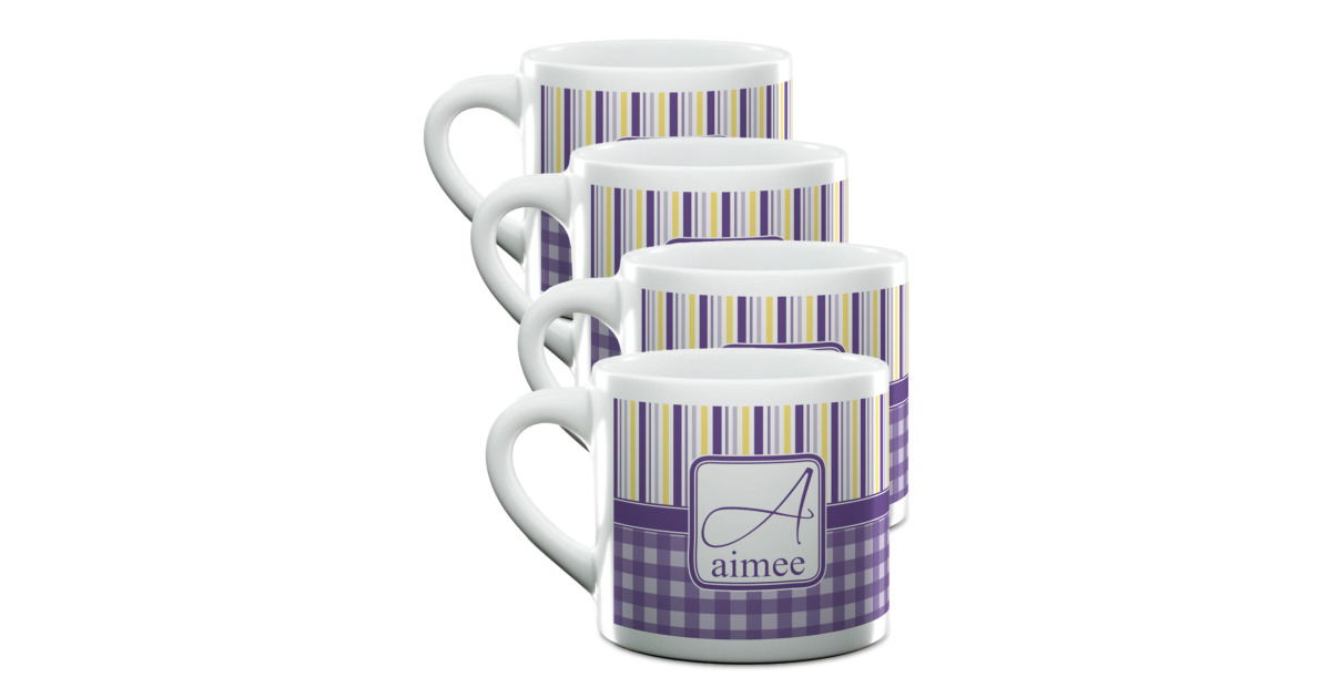 Custom Purple Gingham & Stripe Double Shot Espresso Cups - Set of 4 ...