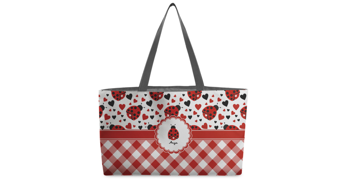Custom Ladybugs & Gingham Beach Totes Bag - w/ Black Handles ...