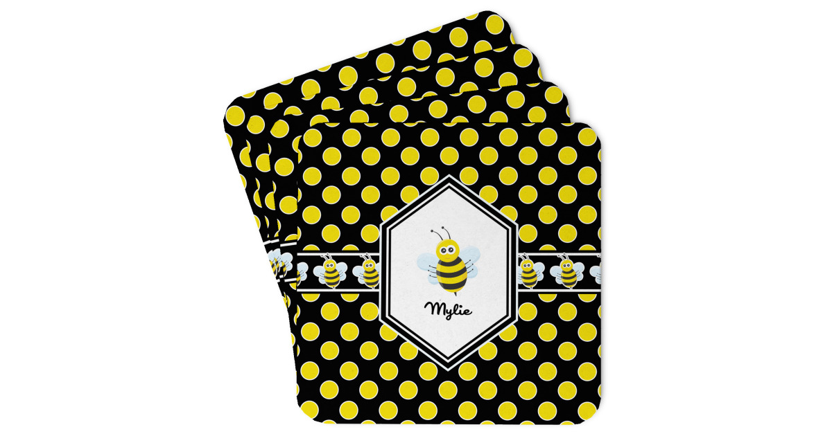 Custom Bee & Polka Dots Paper Coasters w/ Name or Text | YouCustomizeIt