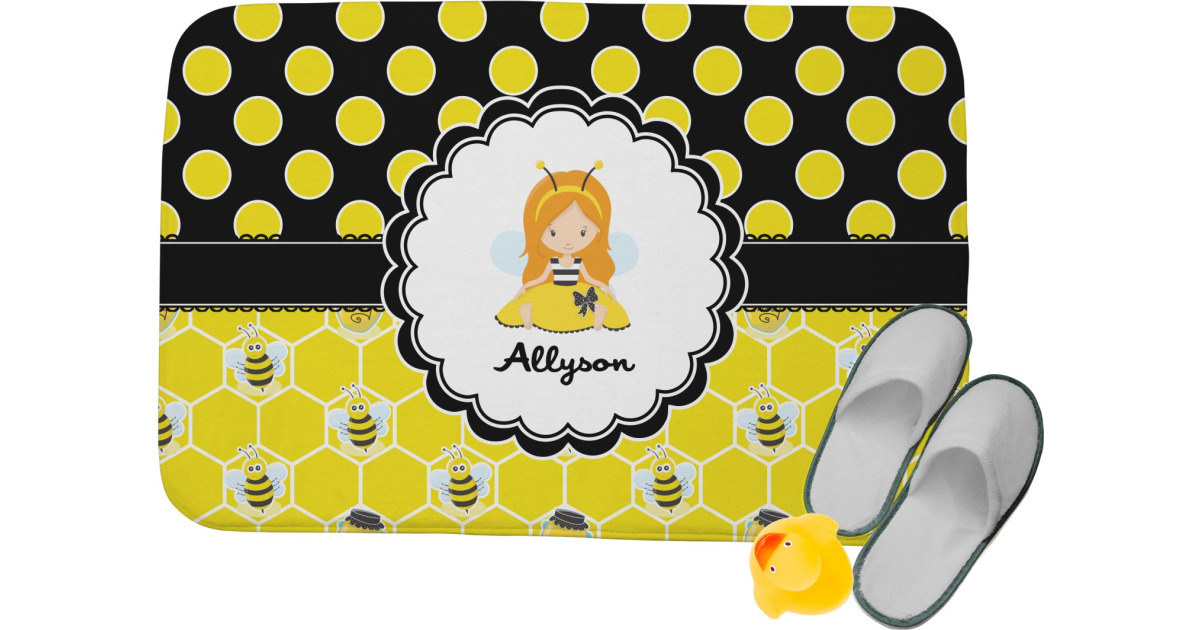 Custom Honeycomb, Bees & Polka Dots Memory Foam Bath Mat (Personalized ...